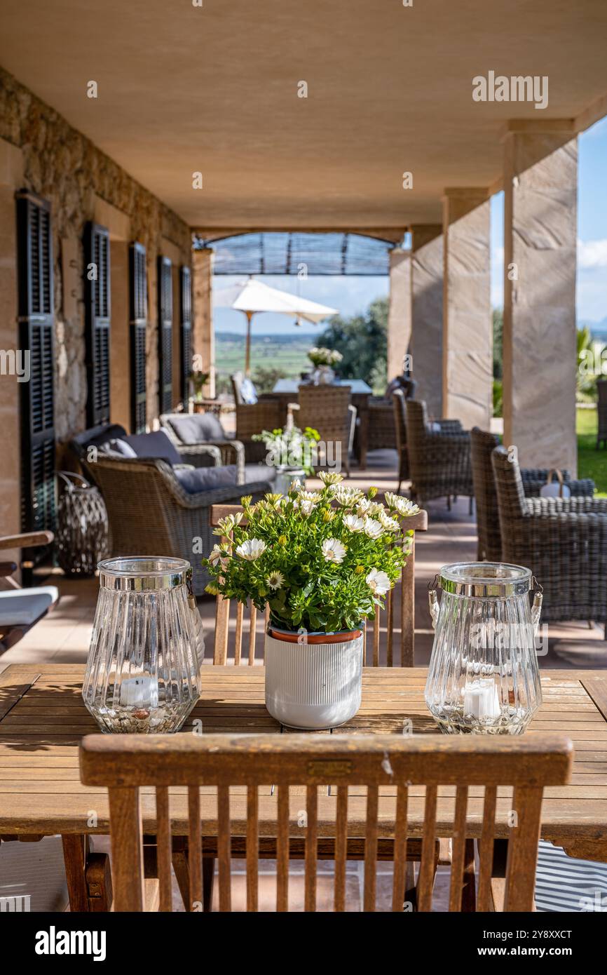 Al fresco dining on terrace outside Spanish villa, Mallorca Stock Photo ...
