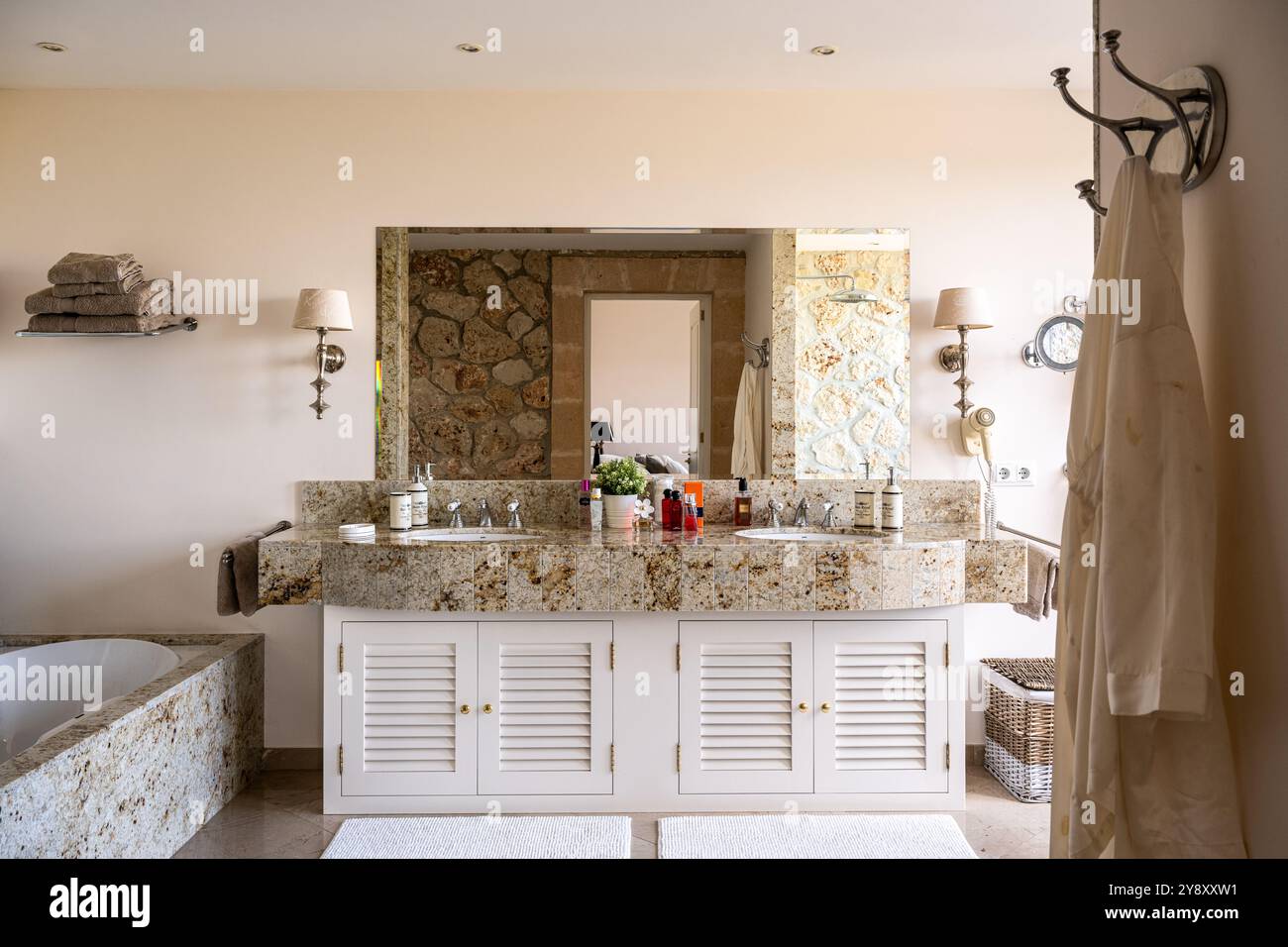 Mirror above double sink in Spanish villa, Mallorca Stock Photo - Alamy
