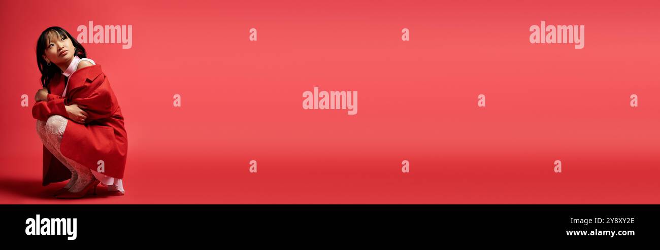 A stunning Asian woman in a bold outfit showcases her unique style in a ...