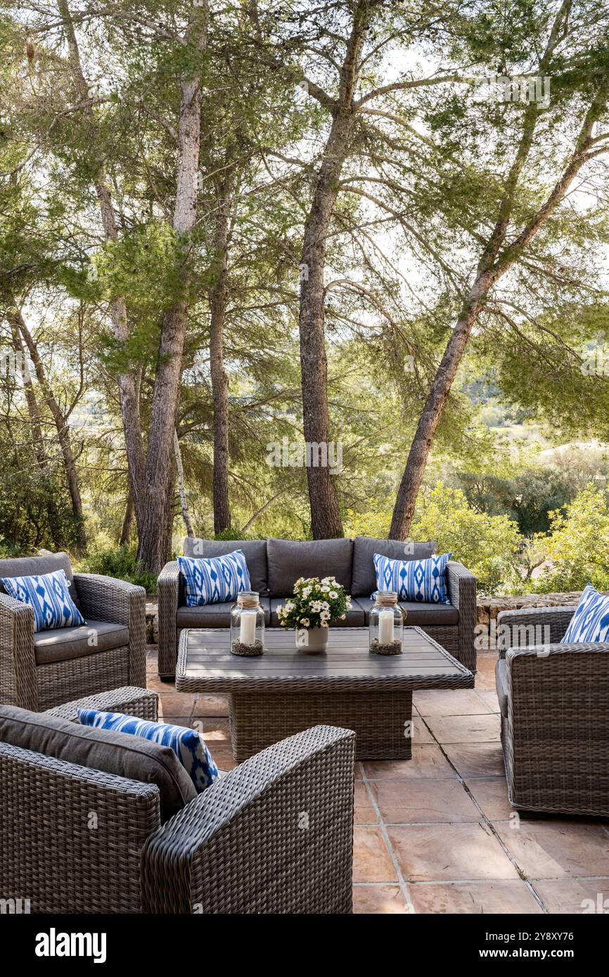 Terrace seating outside Spanish villa, Mallorca Stock Photo - Alamy