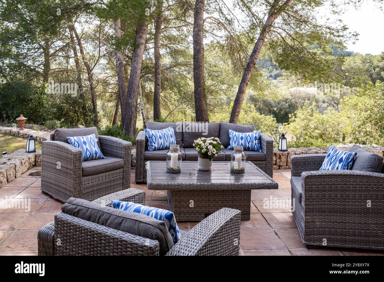 Terrace seating outside Spanish villa, Mallorca Stock Photo - Alamy