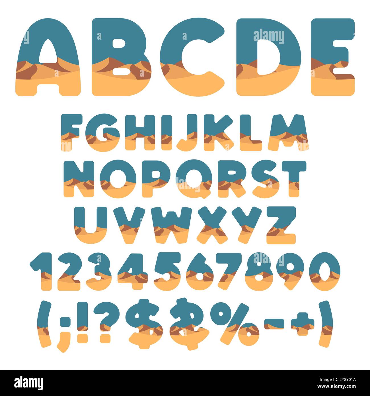 Alphabet, font with desert and dunes. Isolated vector object on white ...