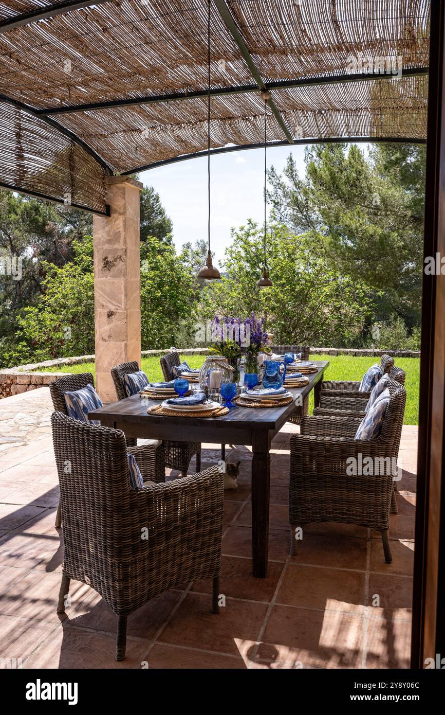 Al fresco dining on terrace of Spanish villa, Mallorca Stock Photo - Alamy