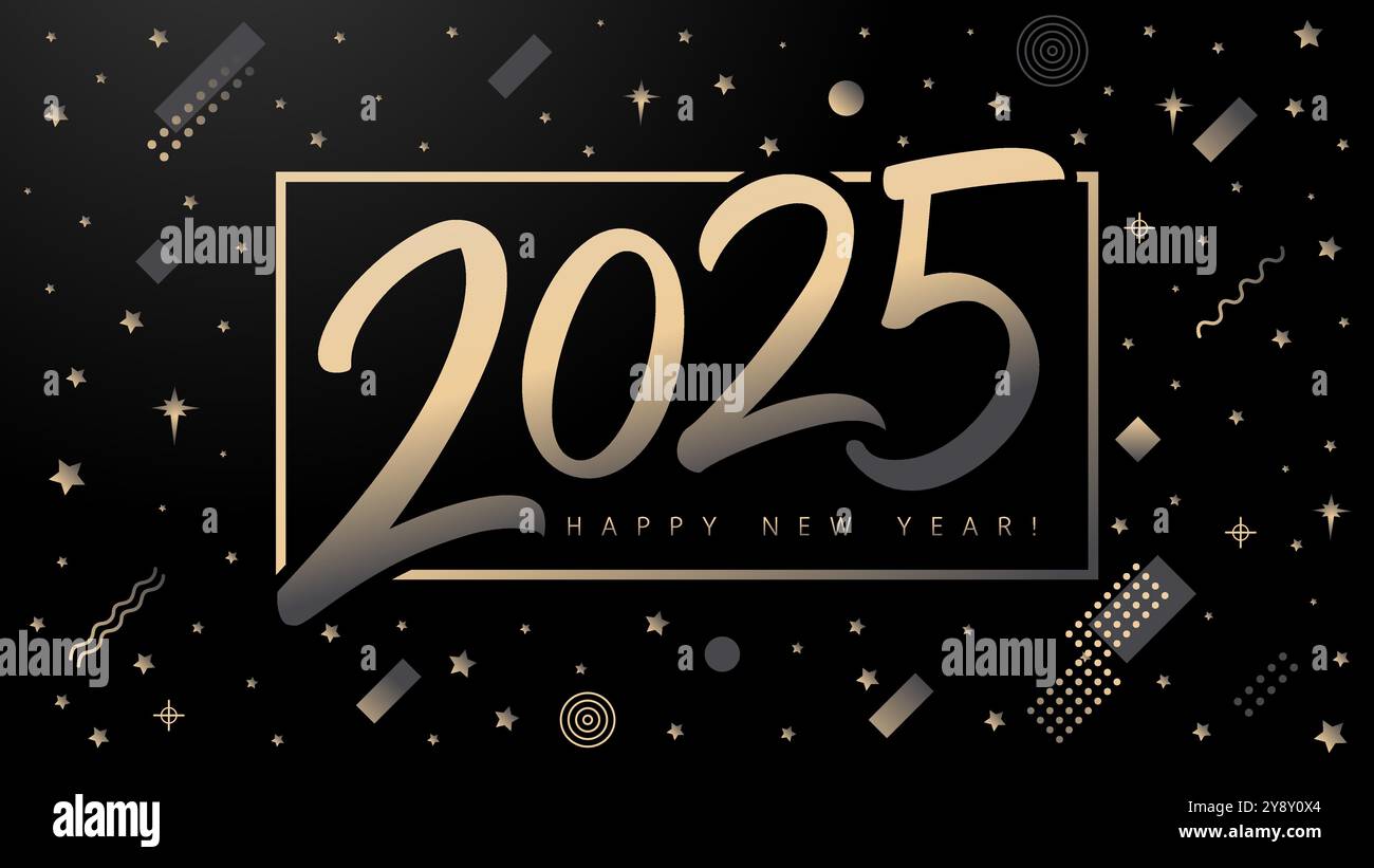 2025 golden luxury calligraphy, logo Happy New Year with memphis style ...