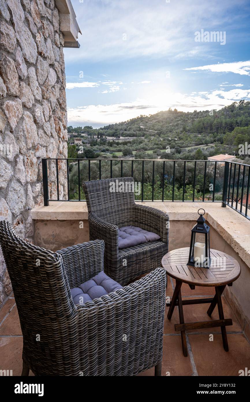 Wicker chairs on balcony terrace of Spanish villa, Mallorca Stock Photo ...