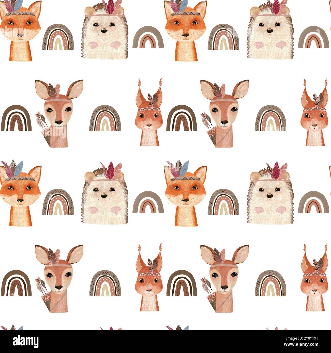 Watercolor seamless pattern with boho animals. Hand drawn illustration ...