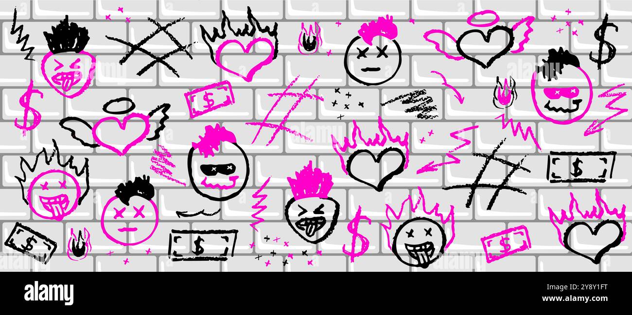 Black and acid pink wax crayon drawing grafitti elements. Marker ...