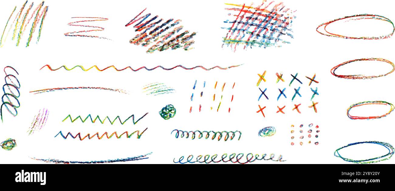 Set of naive playful shapes drawing by wax crayon pencil. Children ...