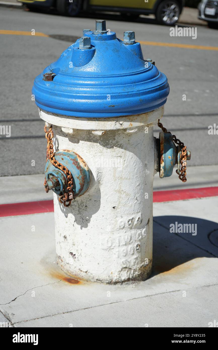 Blue and white fire hydrant on the sidewalk in the sun Stock Photo - Alamy