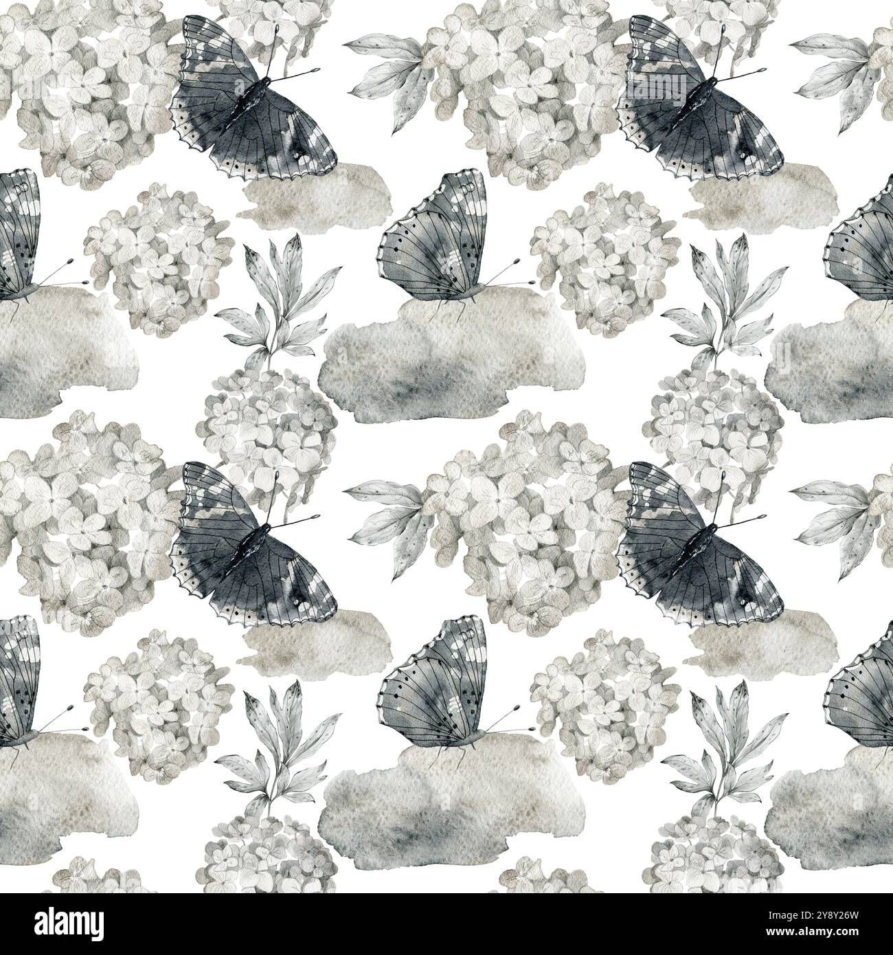 Watercolor flower seamless pattern with butterflies. Pencil graphics ...