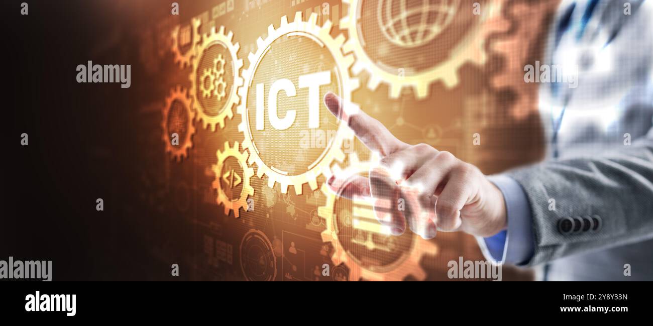 ICT. Information communication technology concept on mixed media ...