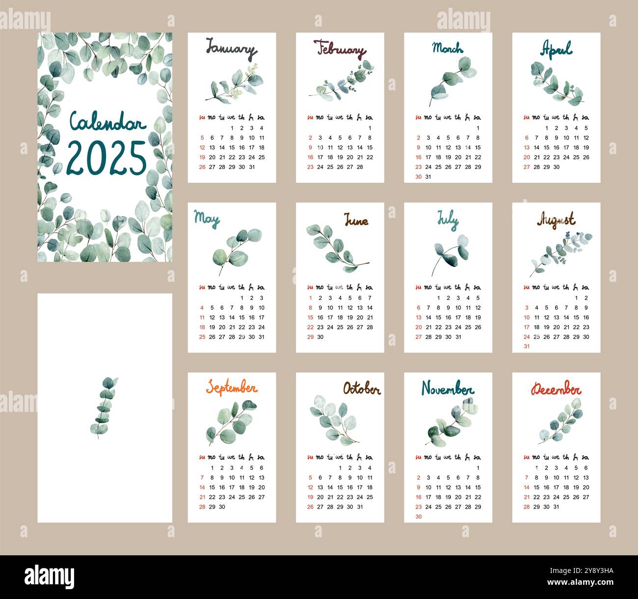 Hand drawing vector Calendar 2025. Watercolor eucalyptus. Week starts ...