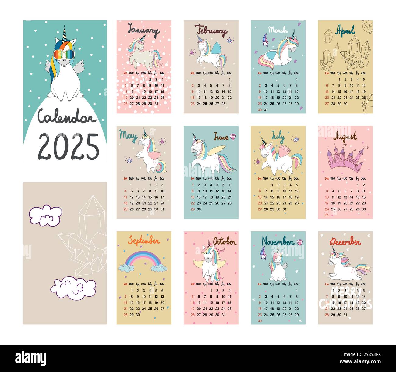 Hand drawing vector Calendar 2025. Magic cute unicorns. Week starts ...