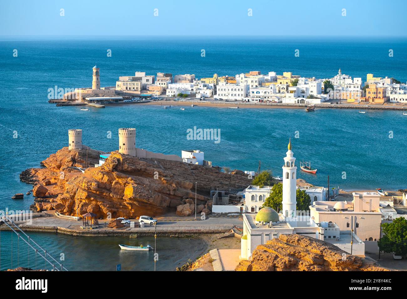Panoramic view of ancient city Sur with Gulf of Oman, lighthouse and ...