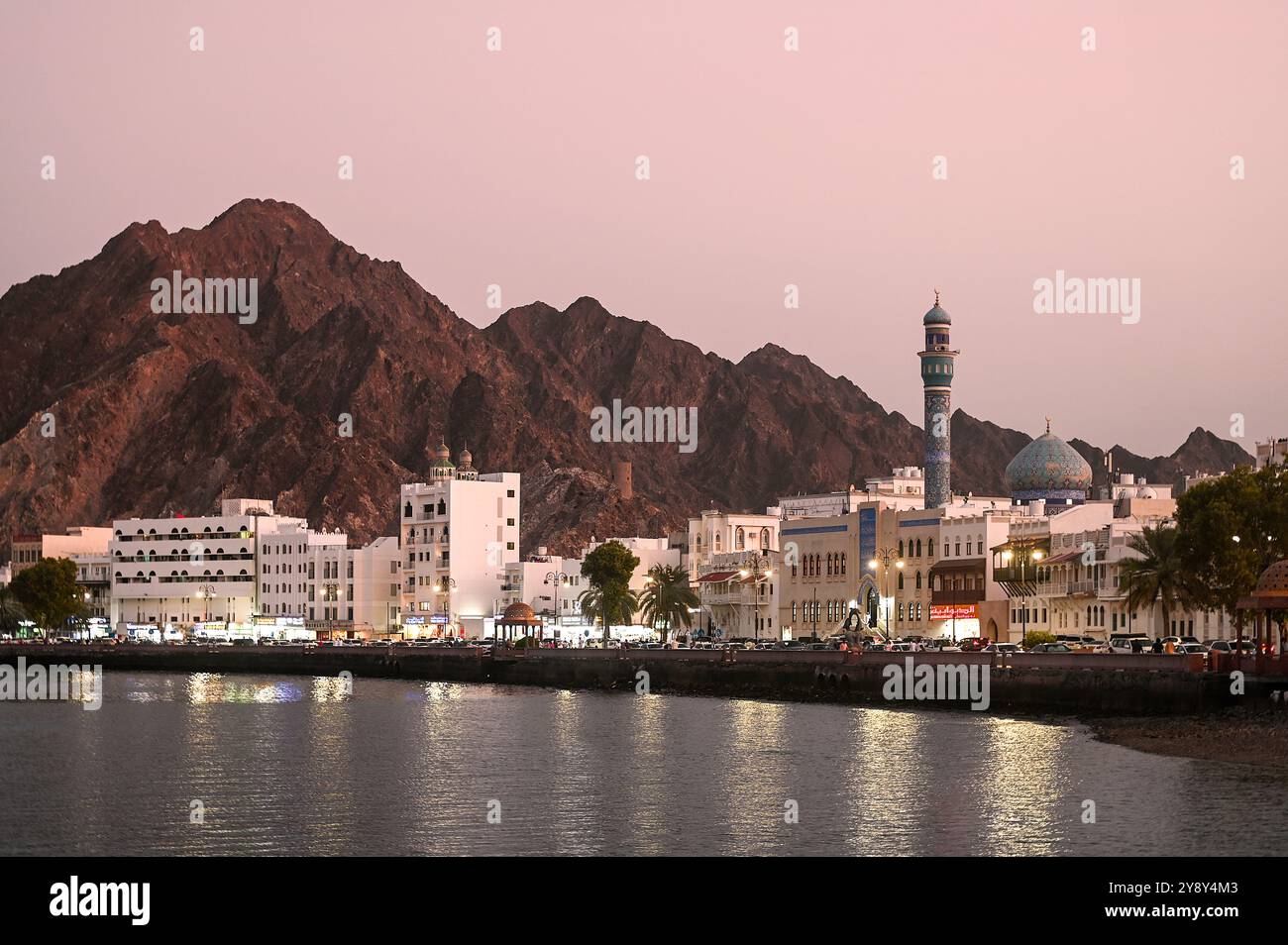 Panoramic view of Muscat Muttrah district with waterfront, traditional ...