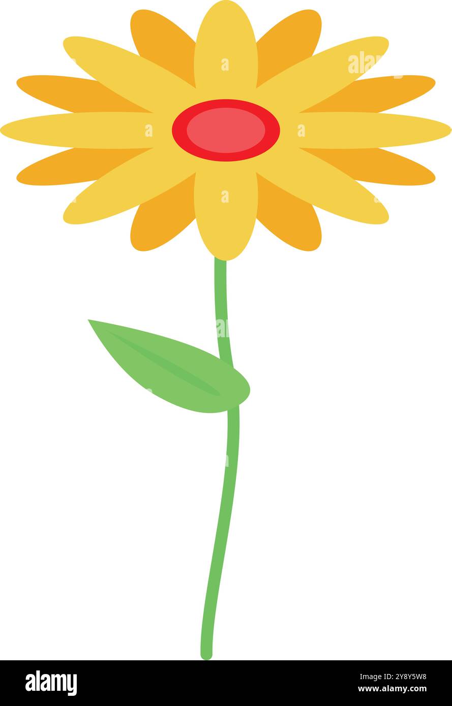 Simple illustration of a yellow flower with a green leaf, standing ...