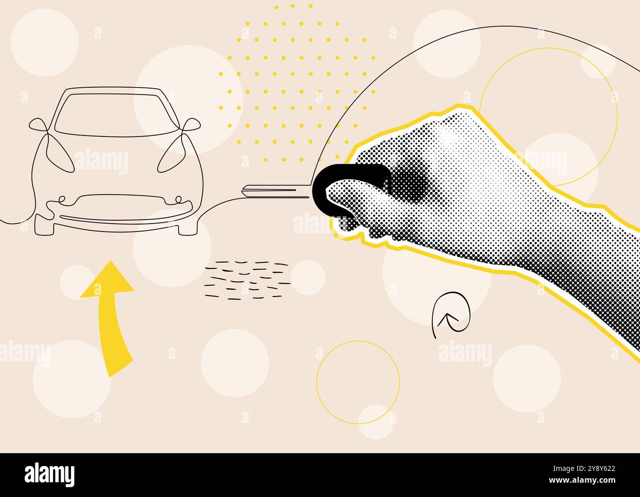 Halftone hand holding car key. Vector car concept. Single line draw ...