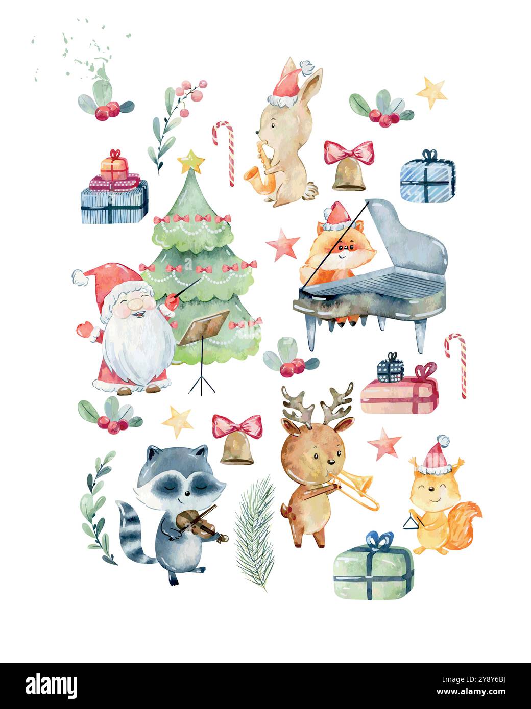 Watercolor winter vector poster with animals playing musical ...