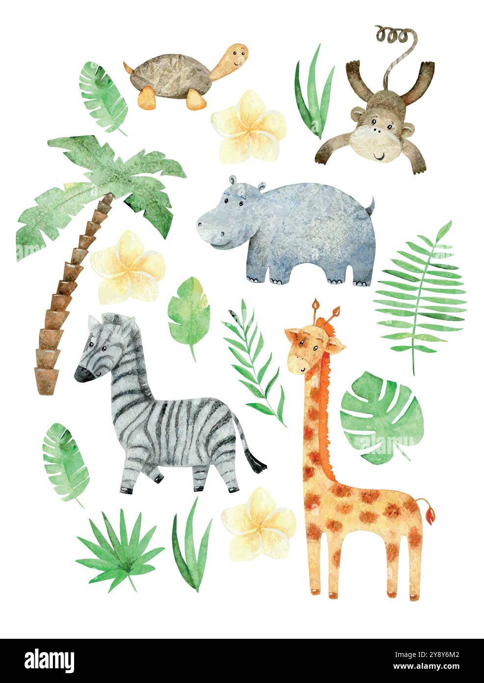 Watercolor vector arrangement with safari animals. Exotic poster on a ...