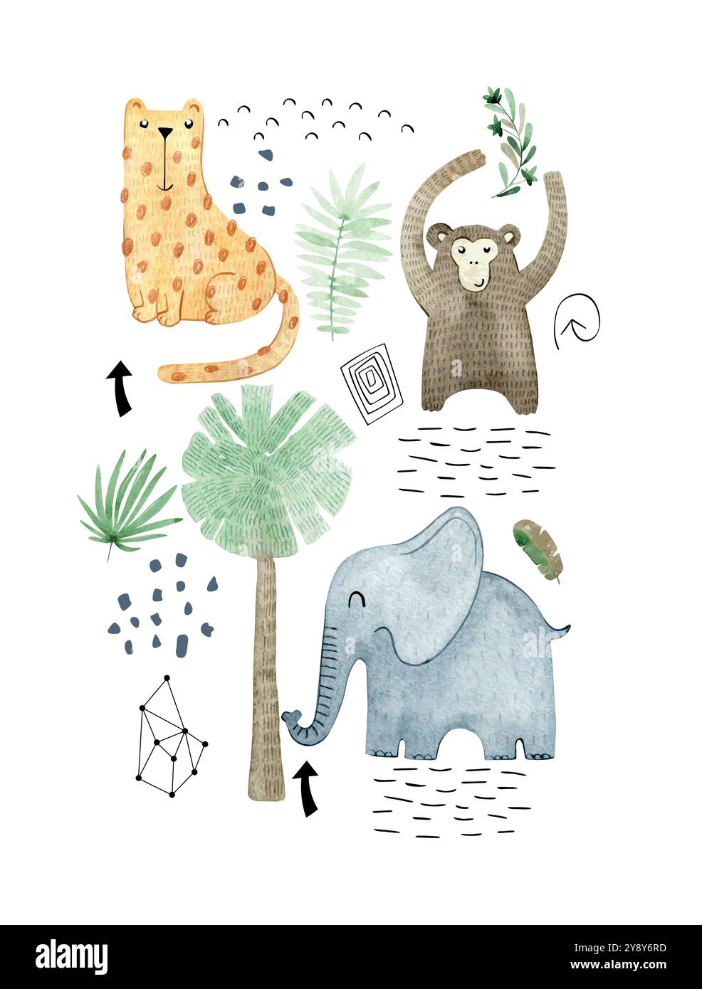 Watercolor vector poster with safari animals. Composition for greeting ...