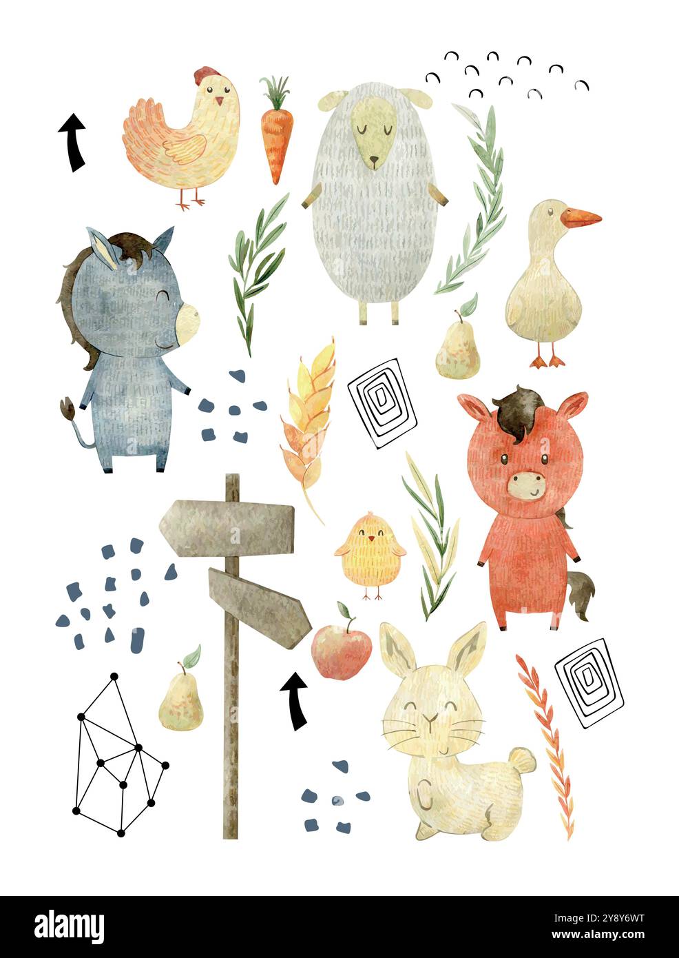 Watercolor vector poster with farm animals. Composition for greeting ...