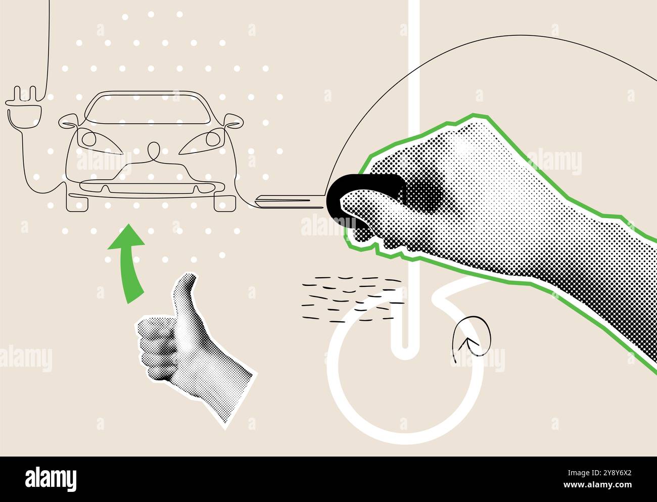 Halftone hand holding electric car key. Vector electric car concept ...