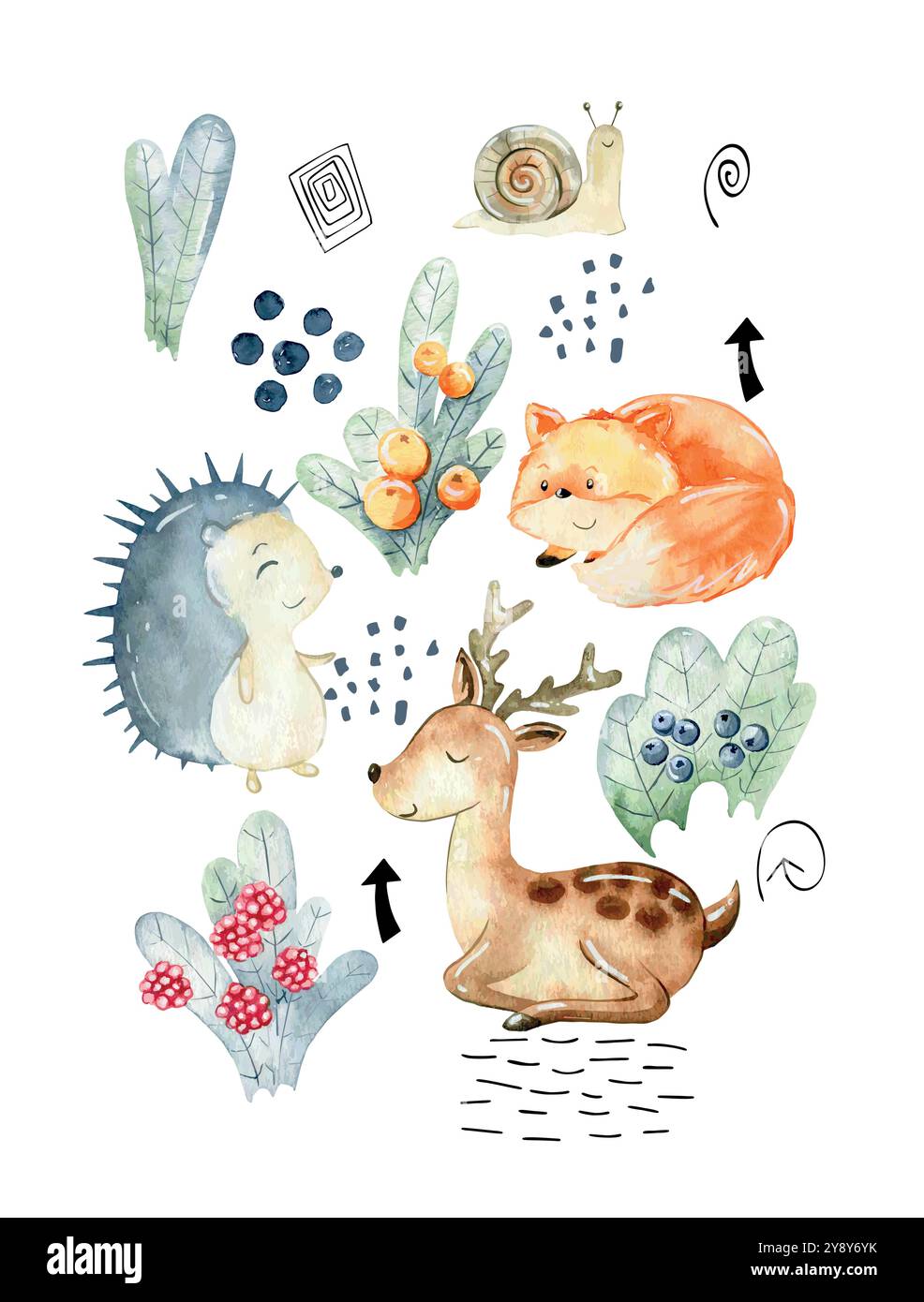 Watercolor vector poster with forest animals. Woodland decoration on a ...