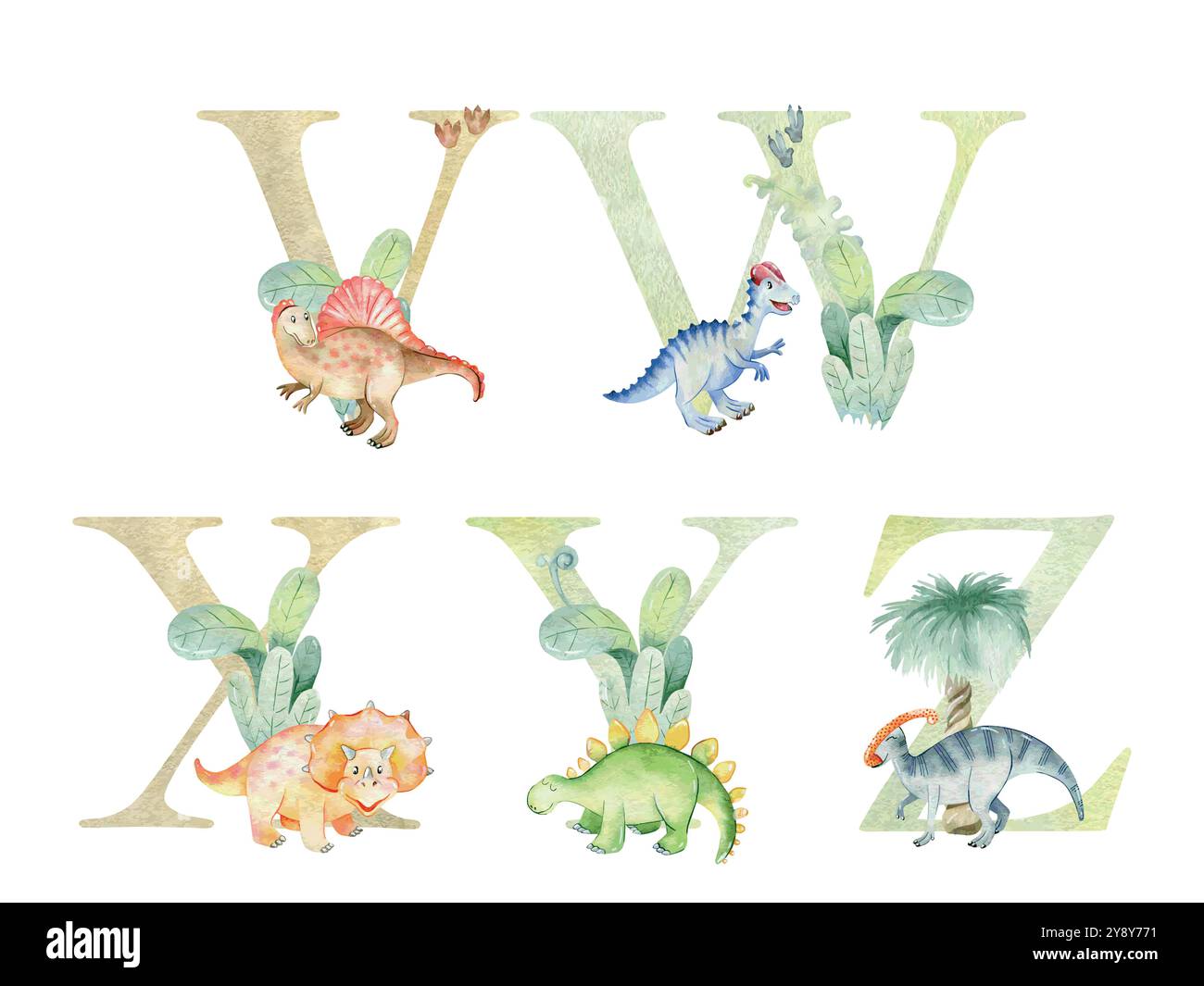 Vector watercolor dinosaurs letters for invitation card, nursery poster ...