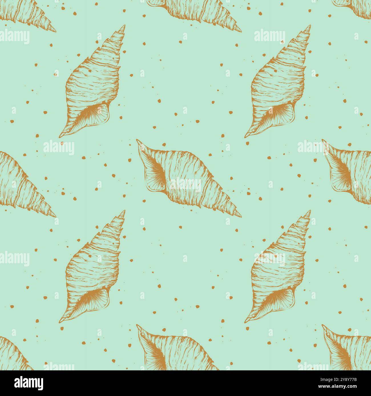 Seashells on mint green background, golden outline pattern of seashells ...