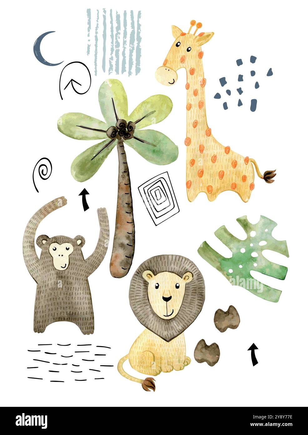 Watercolor vector poster with safari animals. Composition for greeting ...