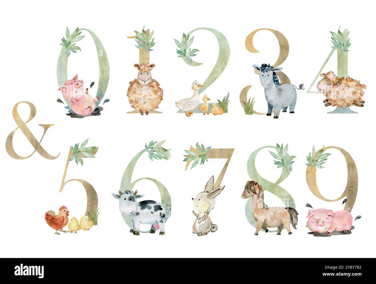 Vector watercolor farm animals numbers for invitation card, nursery ...