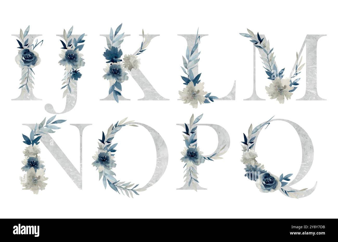 Vector watercolor floral alphabet with indigo flowers for wedding ...