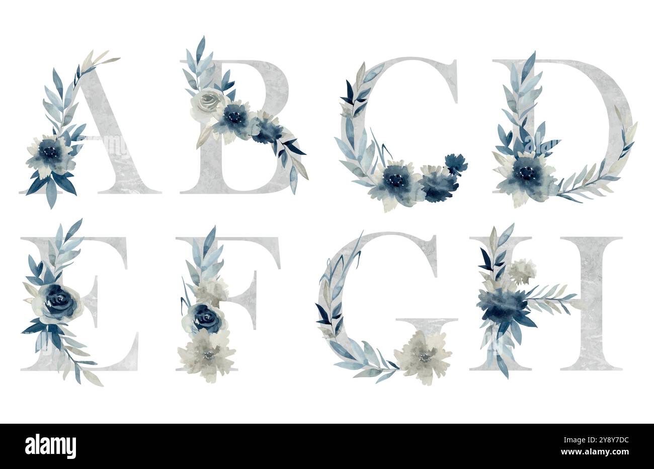 Vector watercolor floral alphabet with indigo flowers for wedding ...