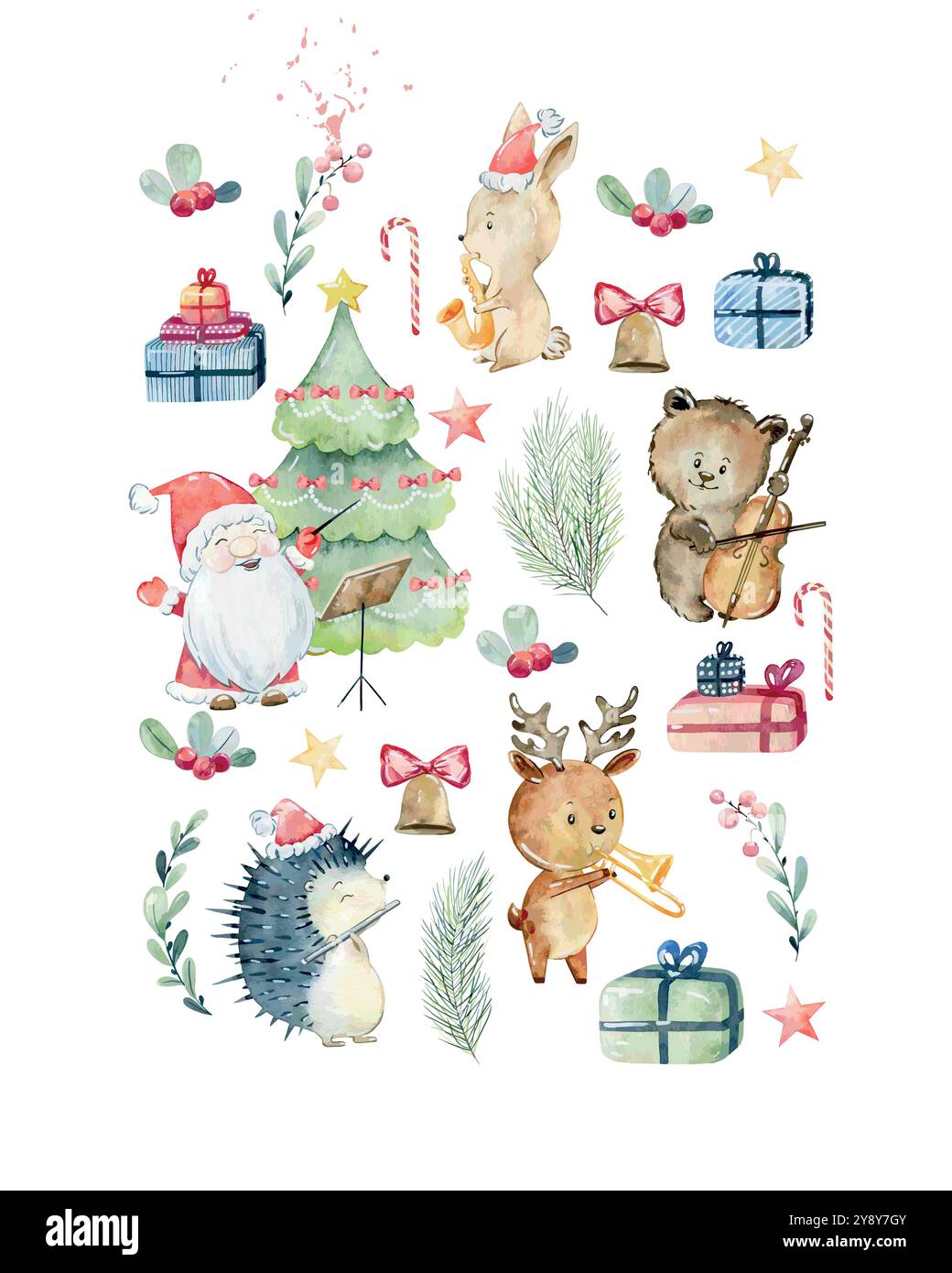 Watercolor winter vector poster with animals playing musical ...