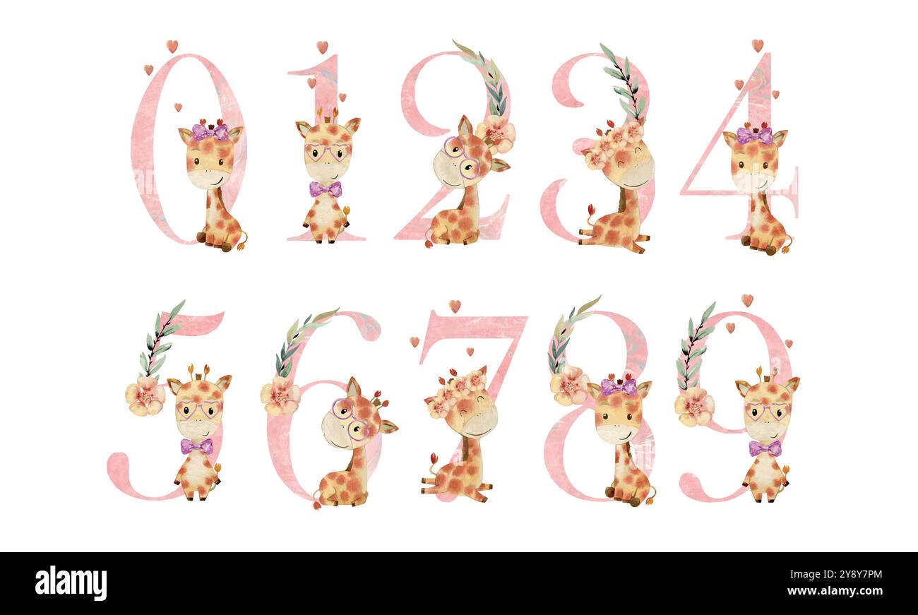 Vector watercolor numbers with giraffes for invitation card, nursery ...