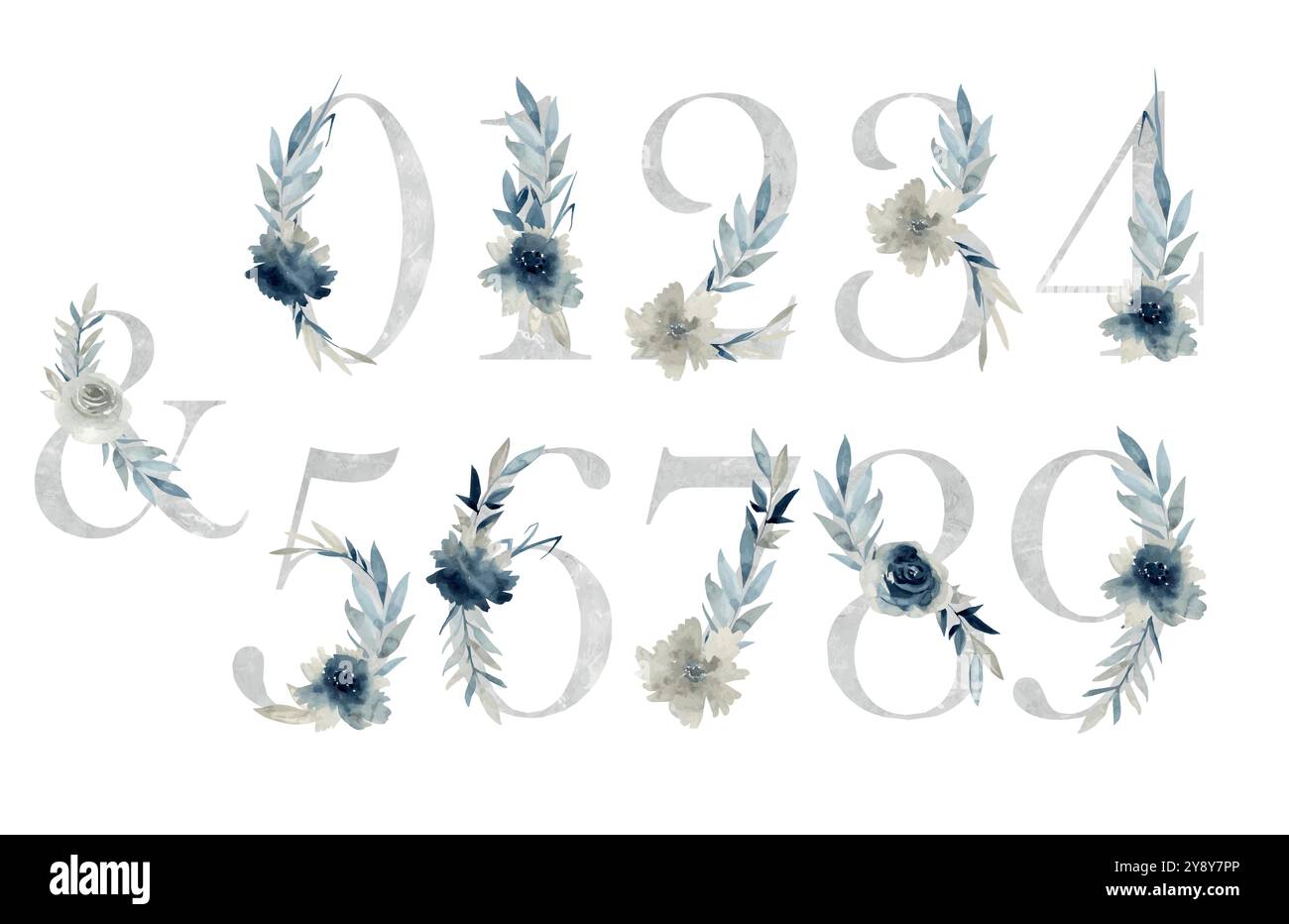 Vector watercolor floral numbers with indigo flowers for wedding ...
