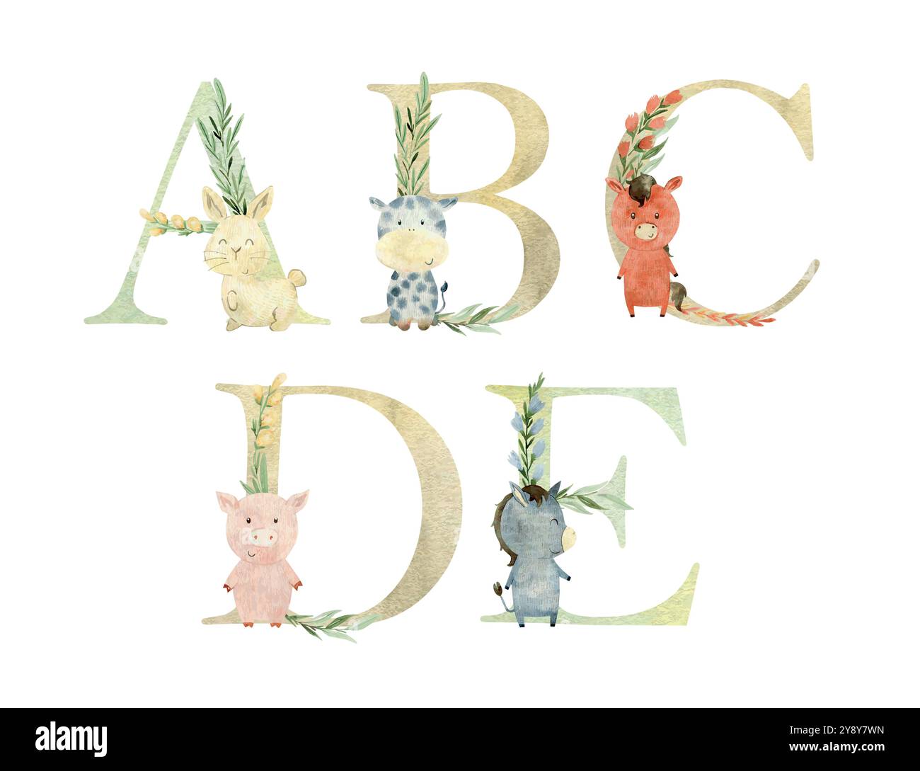 Watercolor farm animals vector letters for invitation card, nursery ...