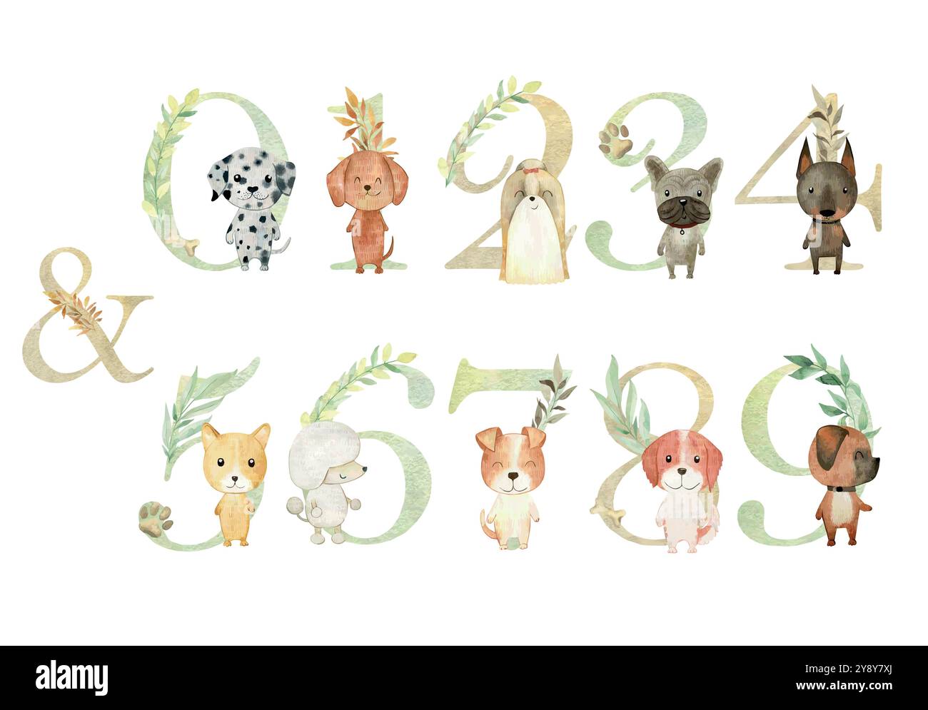 Vector watercolor dogs numbers for invitation card, nursery poster and ...