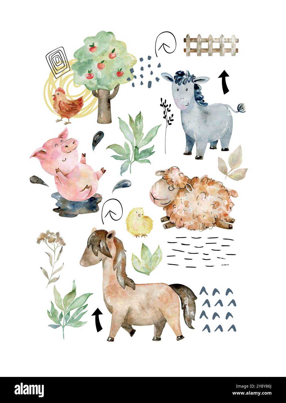 Watercolor vector poster with farm animals. Composition for greeting ...