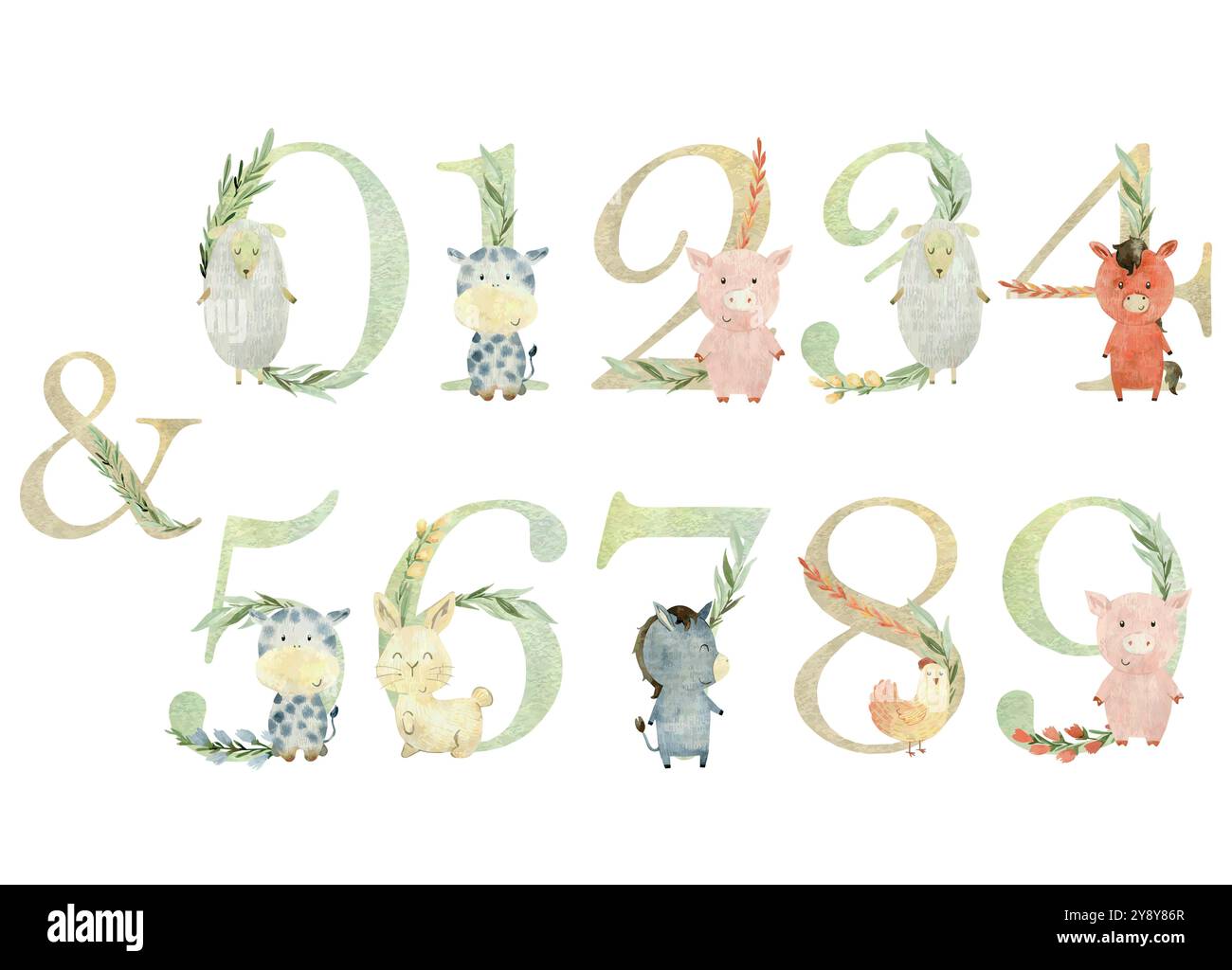 Watercolor farm animals vector numbers for invitation card, nursery ...