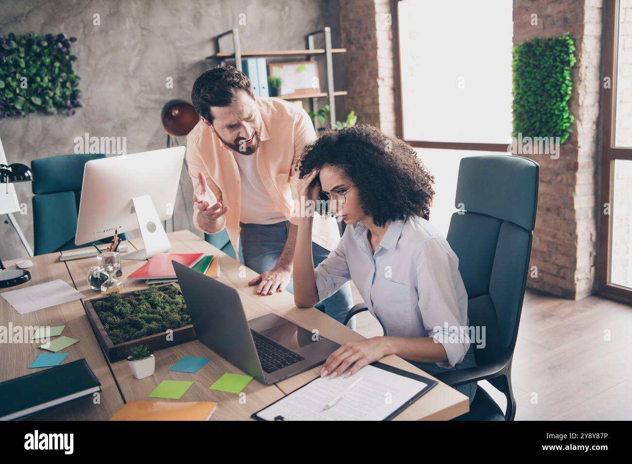 Photo of professional man lady working together screaming angry boss ...