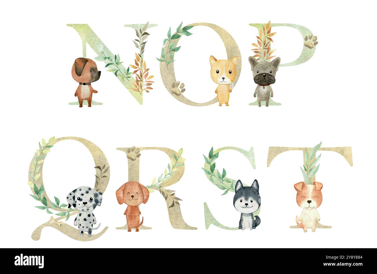 Vector watercolor dogs letters for invitation card, nursery poster and ...