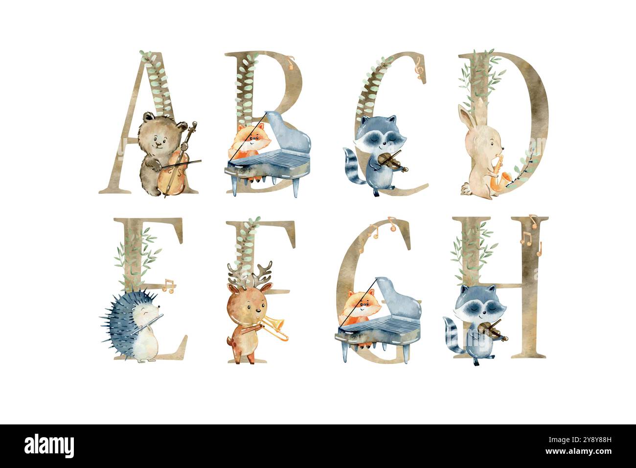 Watercolor musical animals vector letters for invitation card, nursery ...