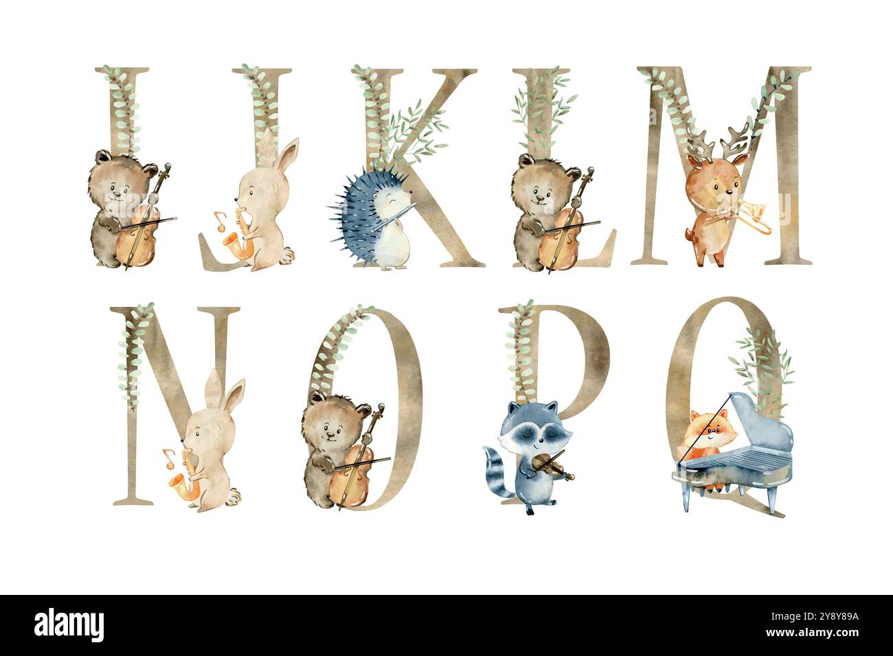 Watercolor musical animals vector letters for invitation card, nursery ...