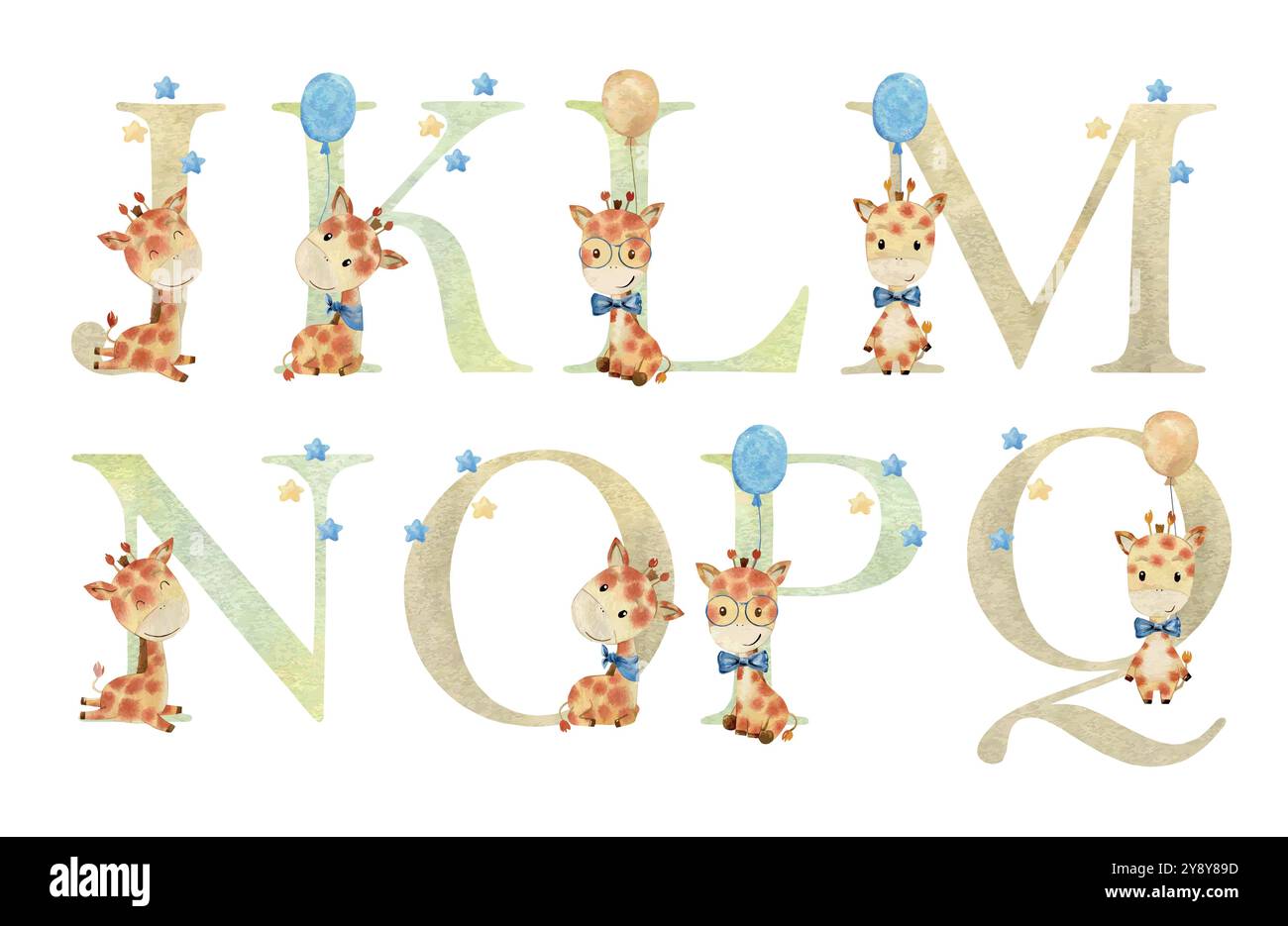 Watercolor vector letters with giraffes for invitation card, nursery ...