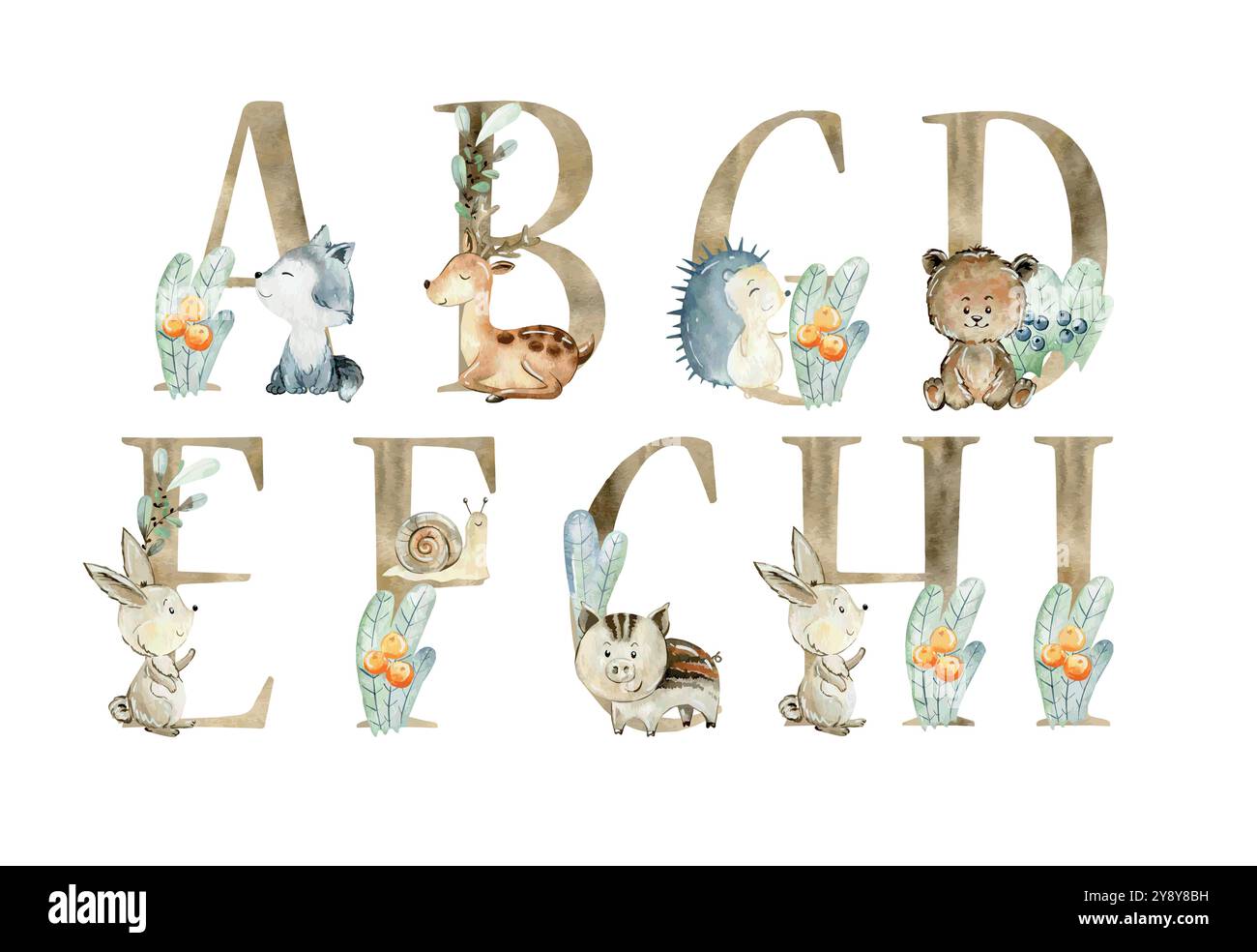 Watercolor woodland animals vector letters for invitation card, nursery ...