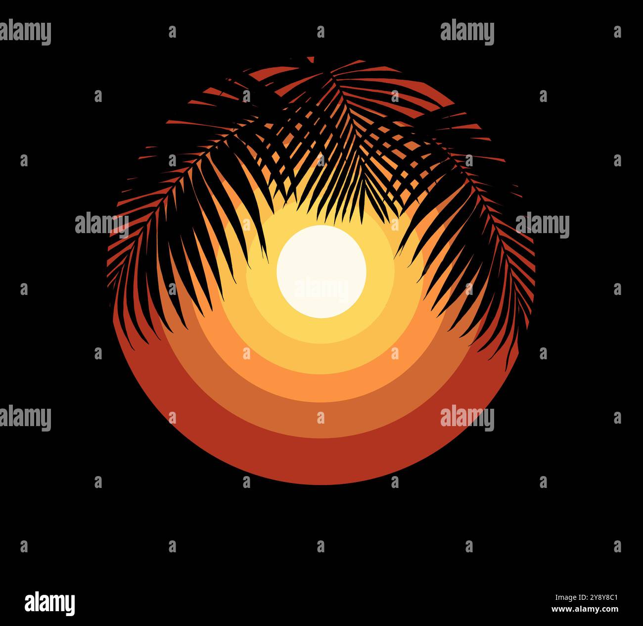 A concentric circular sunset in yellow and orange with palm fronnds ...