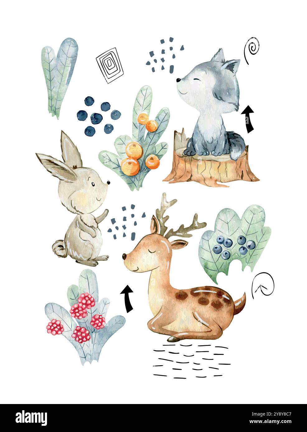 Watercolor vector poster with forest animals. Woodland decoration on a ...