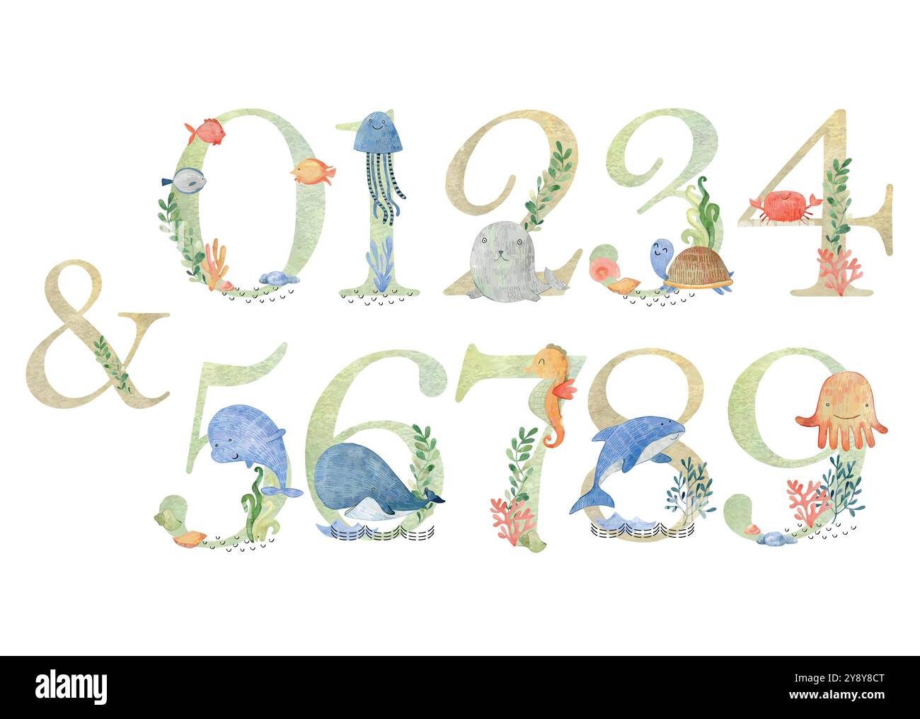 Watercolor sea animals vector numbers for invitation card, nursery ...