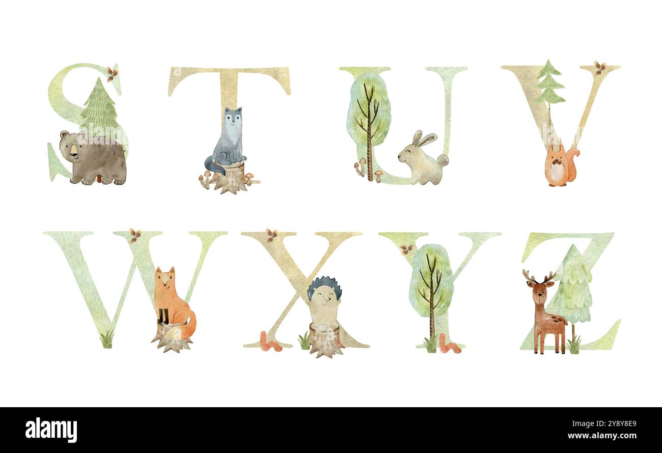 Watercolor woodland animals vector letters for invitation card, nursery ...